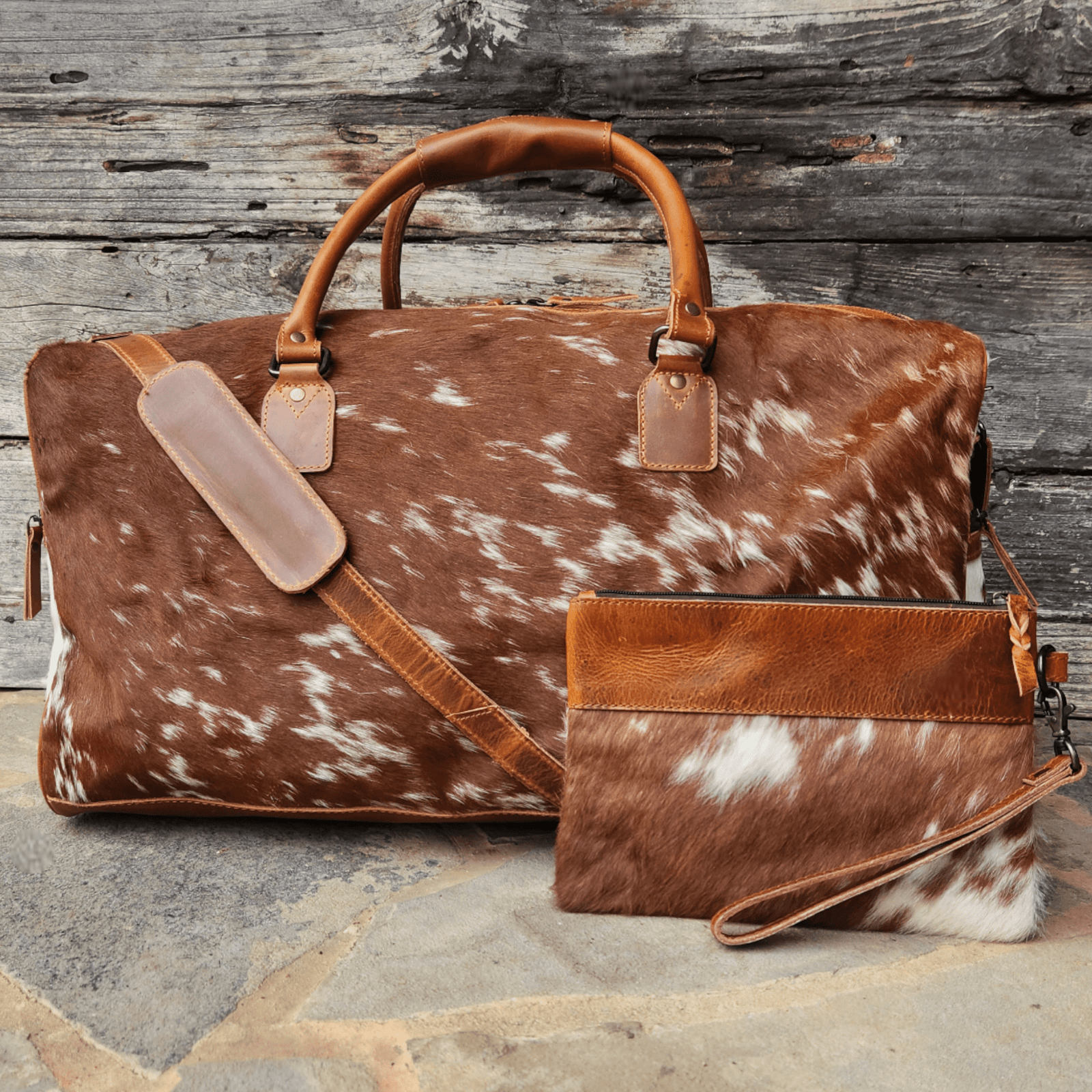 Highlands Large Cowhide Bag Bundle: Weekender Duffel + Wristlet Clutch